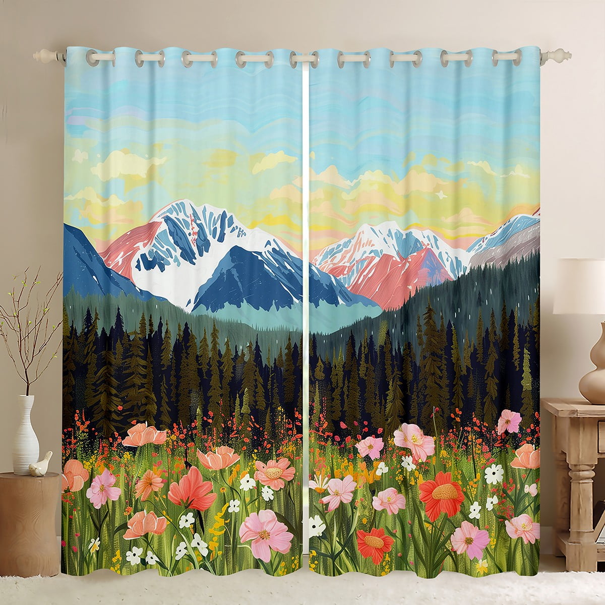 Castle Fairy Pink Flower Curtains and Drapes,Spring Garden Black Out ...