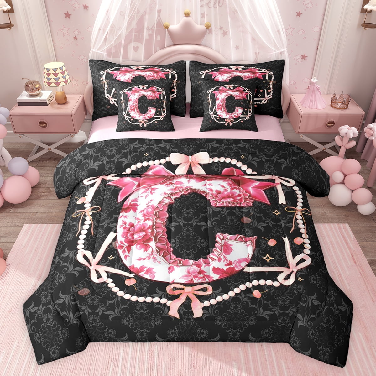 Castle Fairy Pink Flower Personalized Initial C Bedding Comforter Set 7 ...
