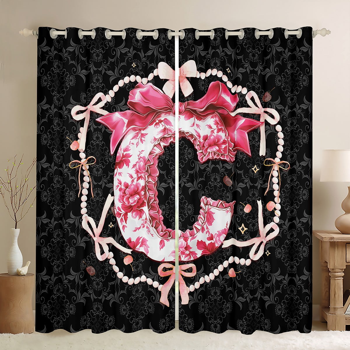 Castle Fairy Pink Flower Personalized Initial C Black Out Curtains for ...