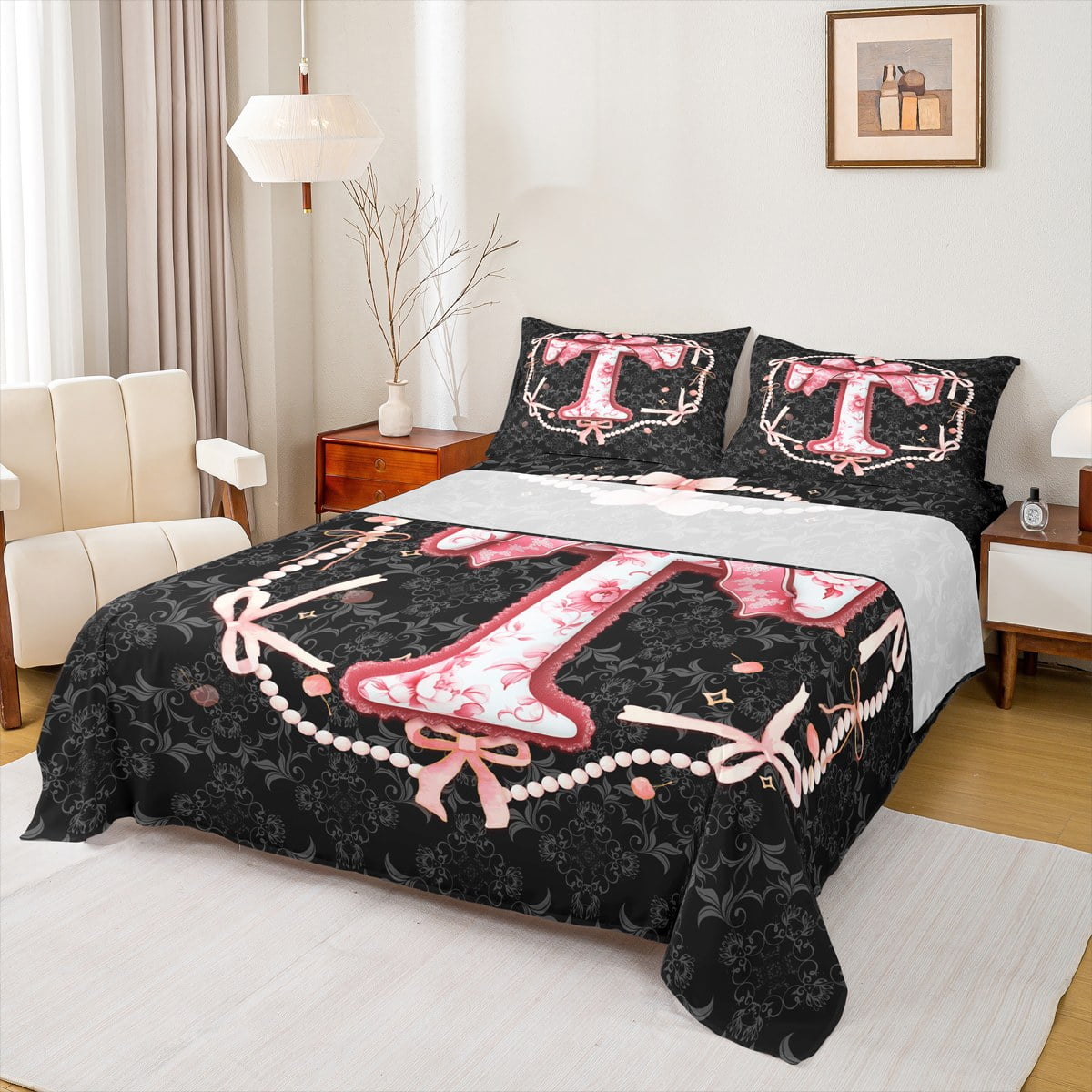 Castle Fairy Pink Flower Personalized Initial T 4 Pieces Queen Sheet ...