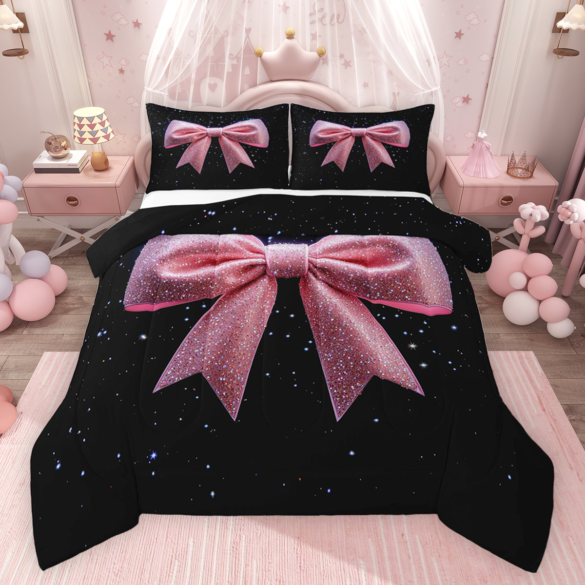 Castle Fairy Pink Glitter Bowtie Bedding Comforter Set 2pcs for Adults ...