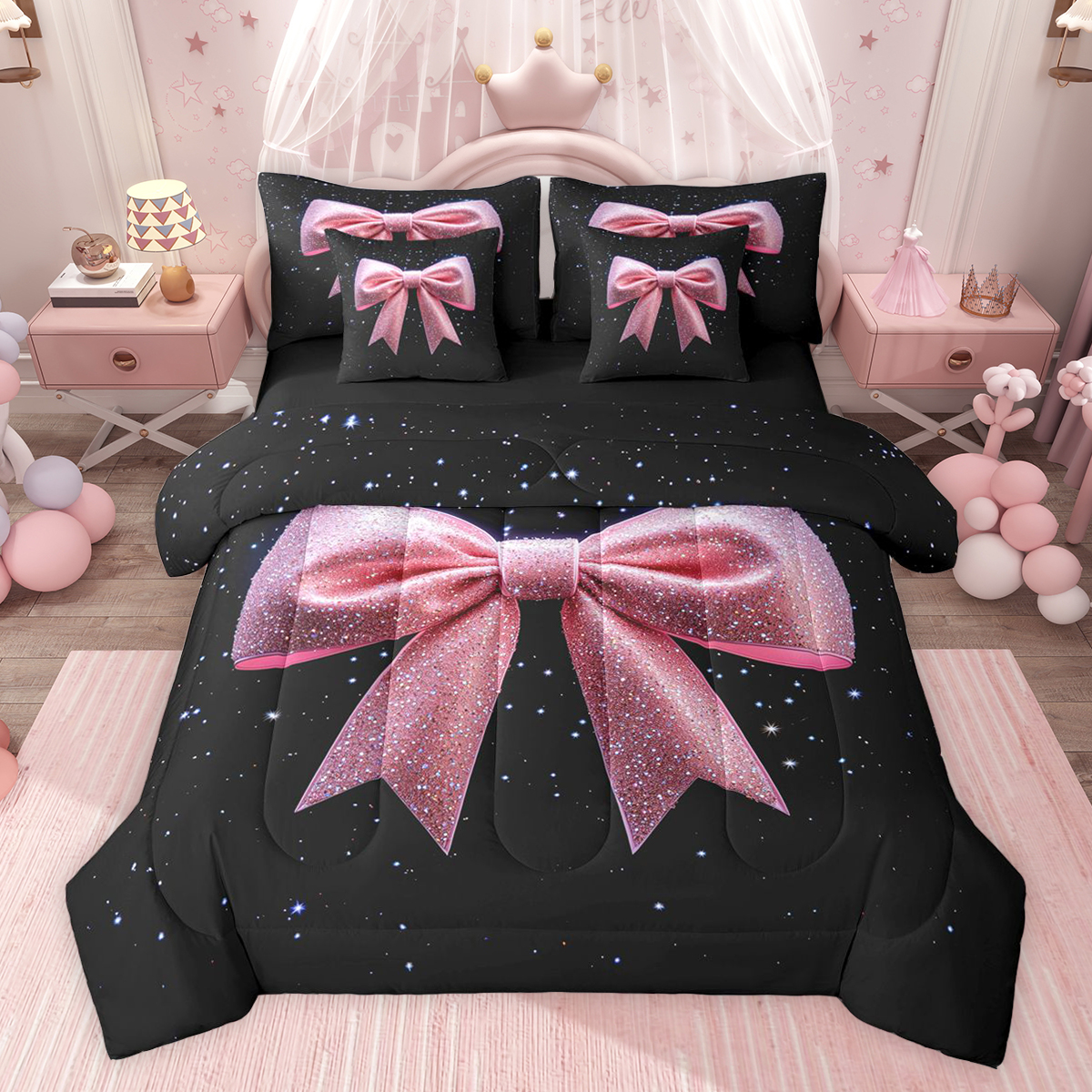 Castle Fairy Pink Glitter Bowtie Bedding Comforter Set 7 Pieces for ...