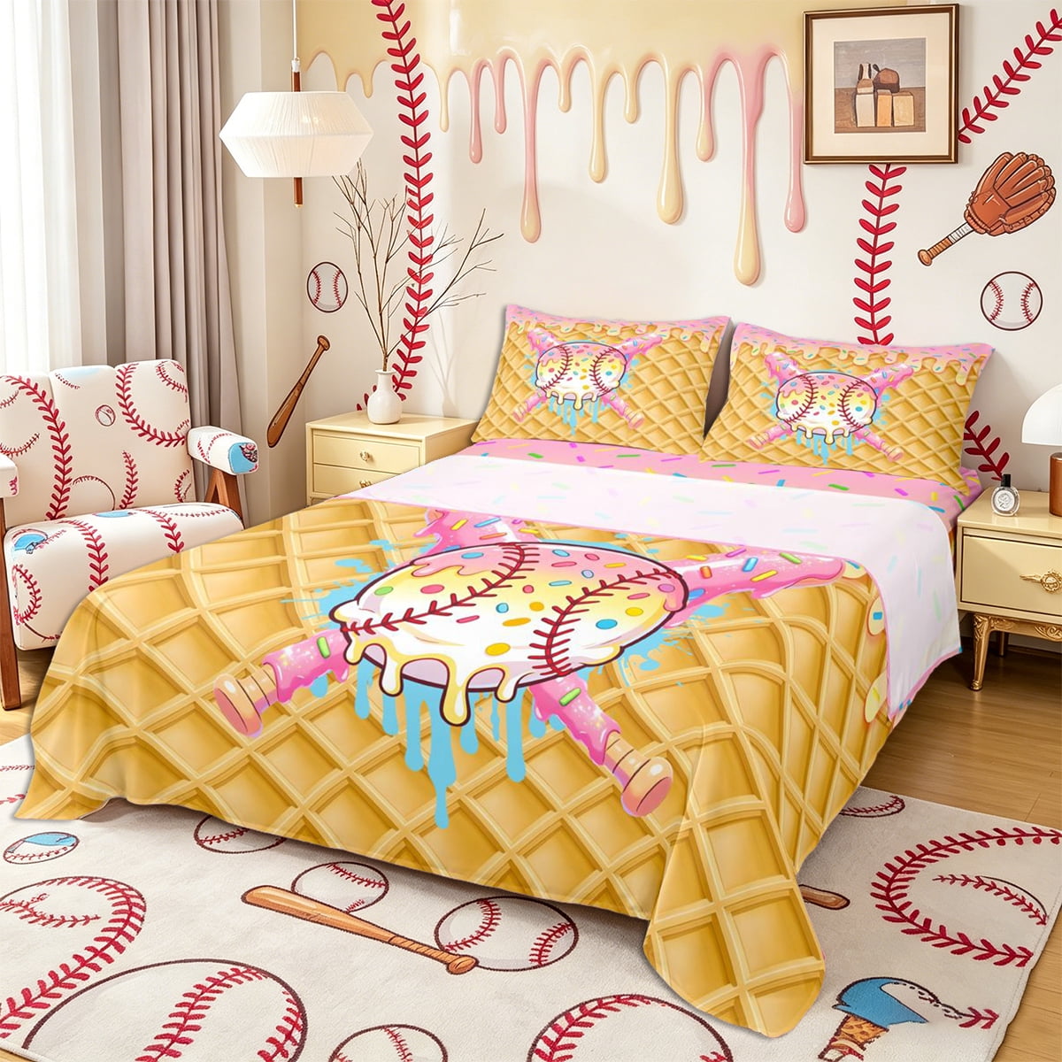 Castle Fairy Pink Ice Cream Drip Bed Sheets 4-Piece, Gradient Baseball ...