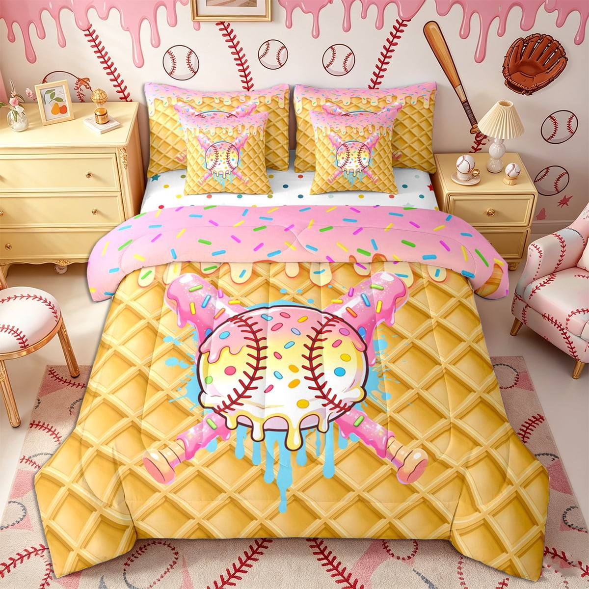 Castle Fairy Pink Ice Cream Drip King Bedding 7pcs, Gradient Baseball ...