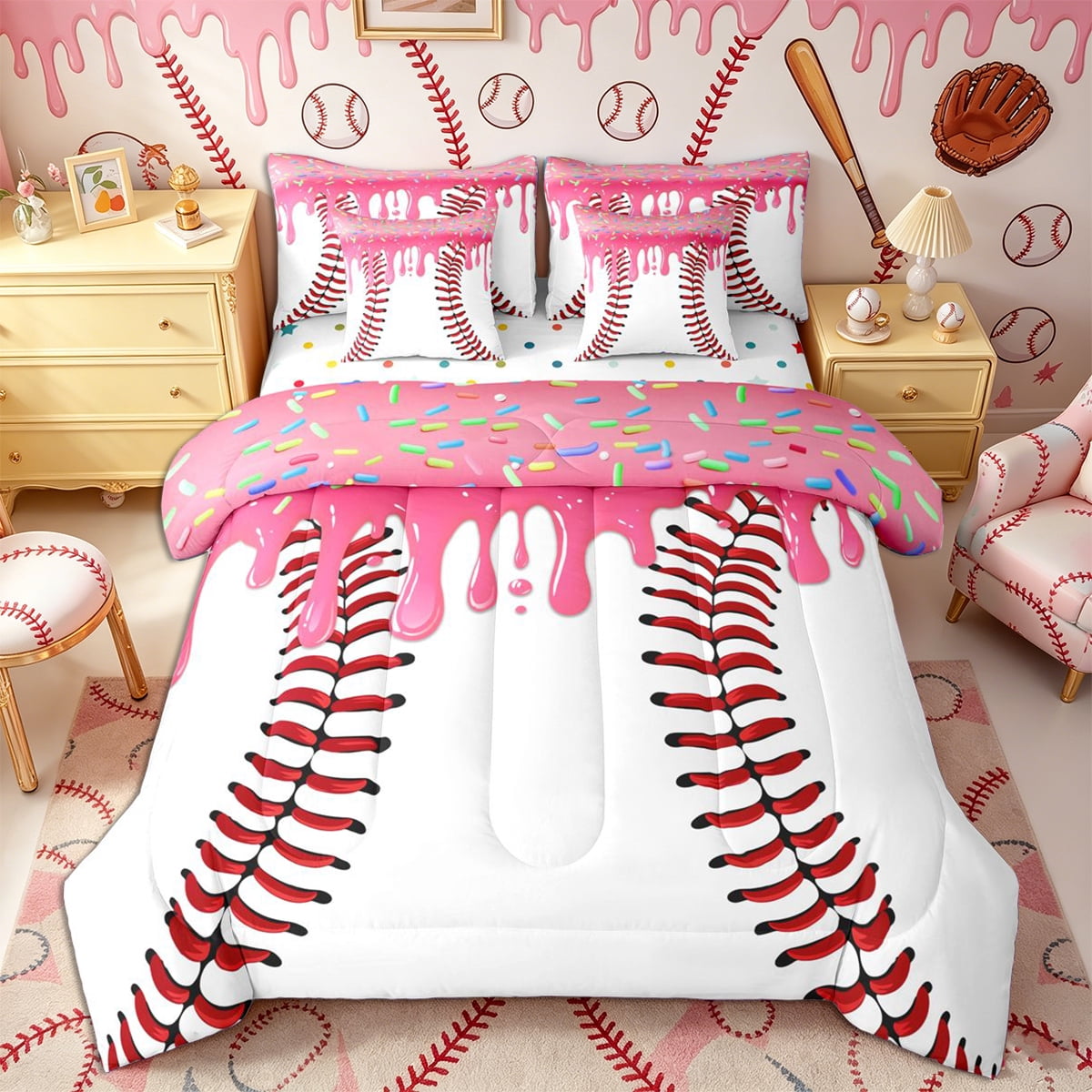 Castle Fairy Pink Ice Cream Drip Twin Bedding 7-Piece, Sport Baseball ...