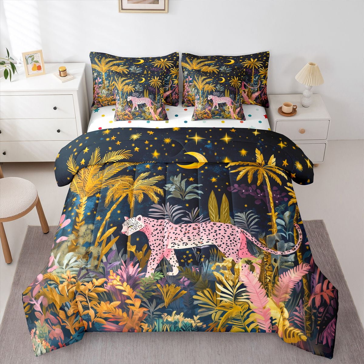 Castle Fairy Pink Leopard Bedding Comforter Set,Boho Starry Sky Queen ...