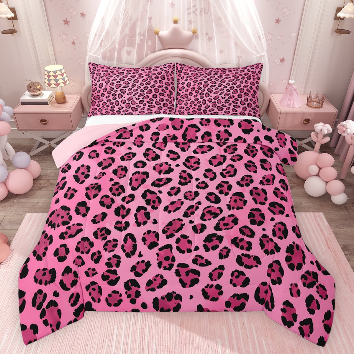 Castle Fairy Girls Pink Leopard Print 3-Piece Queen Comforter Set ...