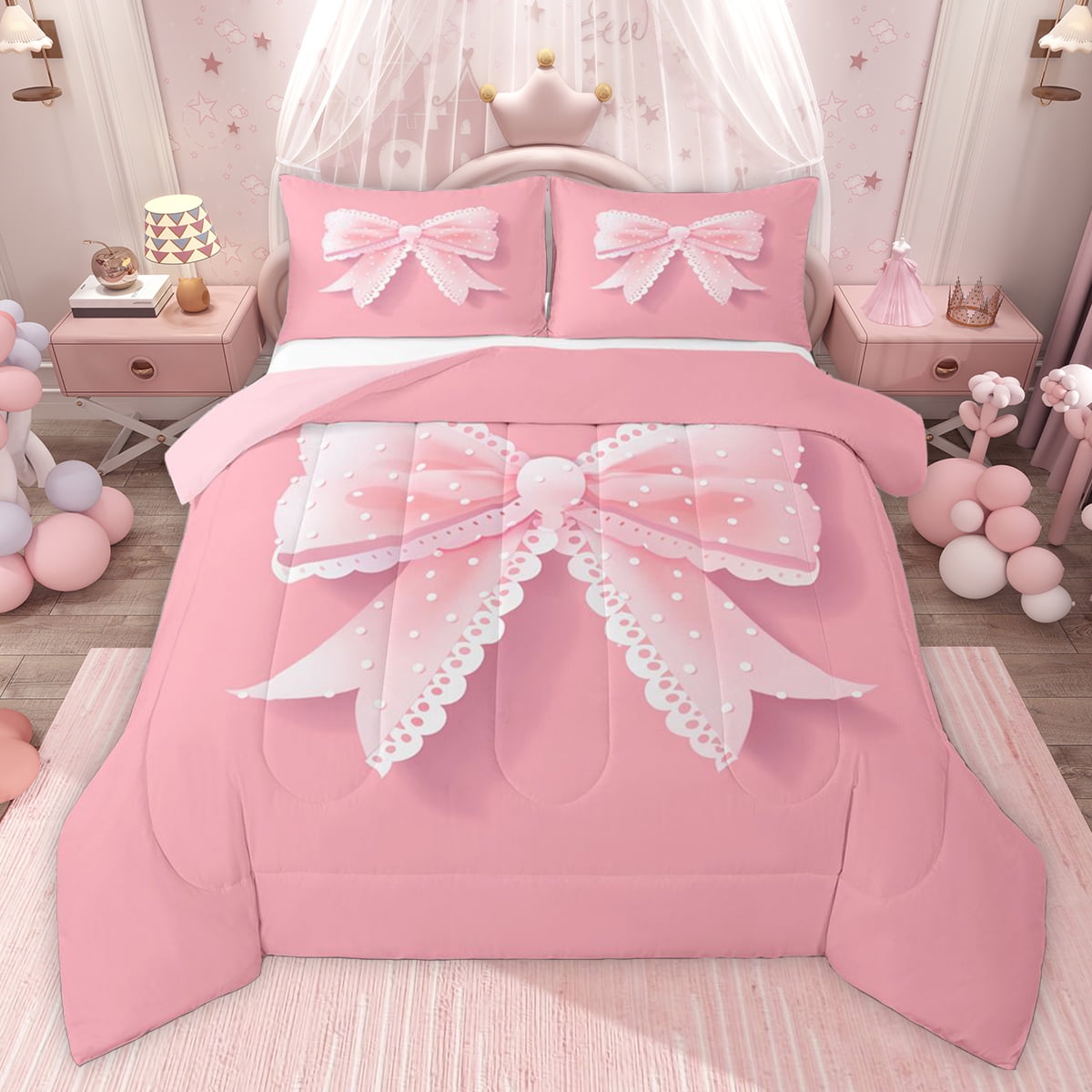 Castle Fairy Pink Polka Dots Bowknot Queen Size Comforter Set,Princess ...