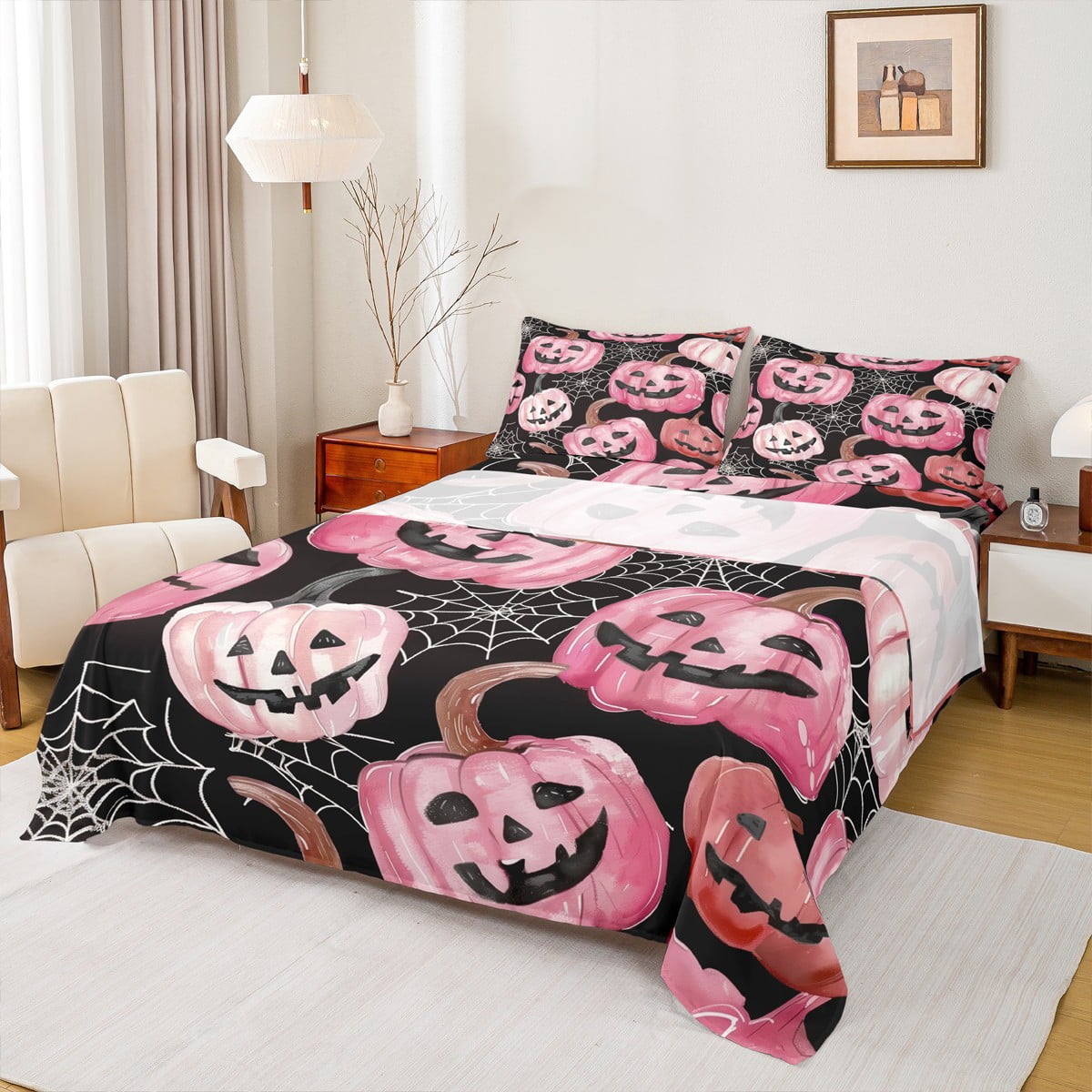 Castle Fairy Pink Pumpkin 4pcs Bed Sheets,Spider Web King Sheets,Happy ...