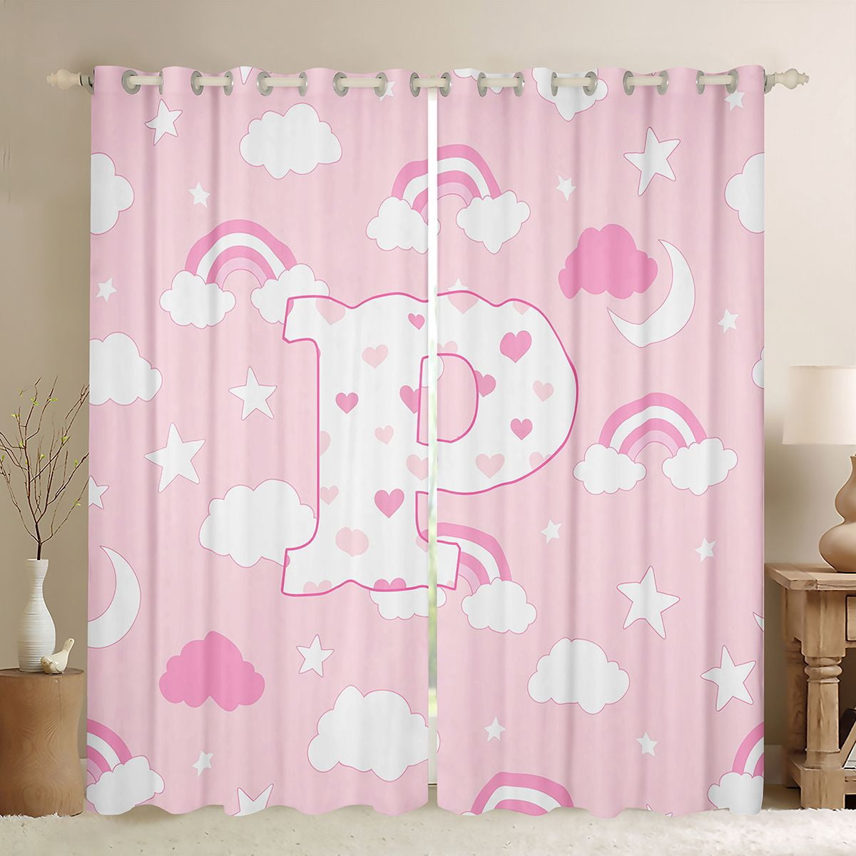 Castle Fairy Pink Rainbow Letter P Black Out Curtains for Girls,Sweet ...