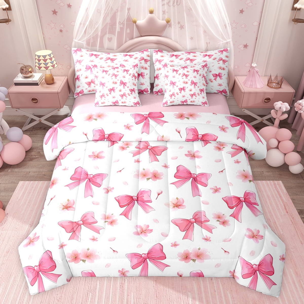 Castle Fairy Pink Ribbon Bow Girl Twin Bedding Sets 7-Piece,Floral ...