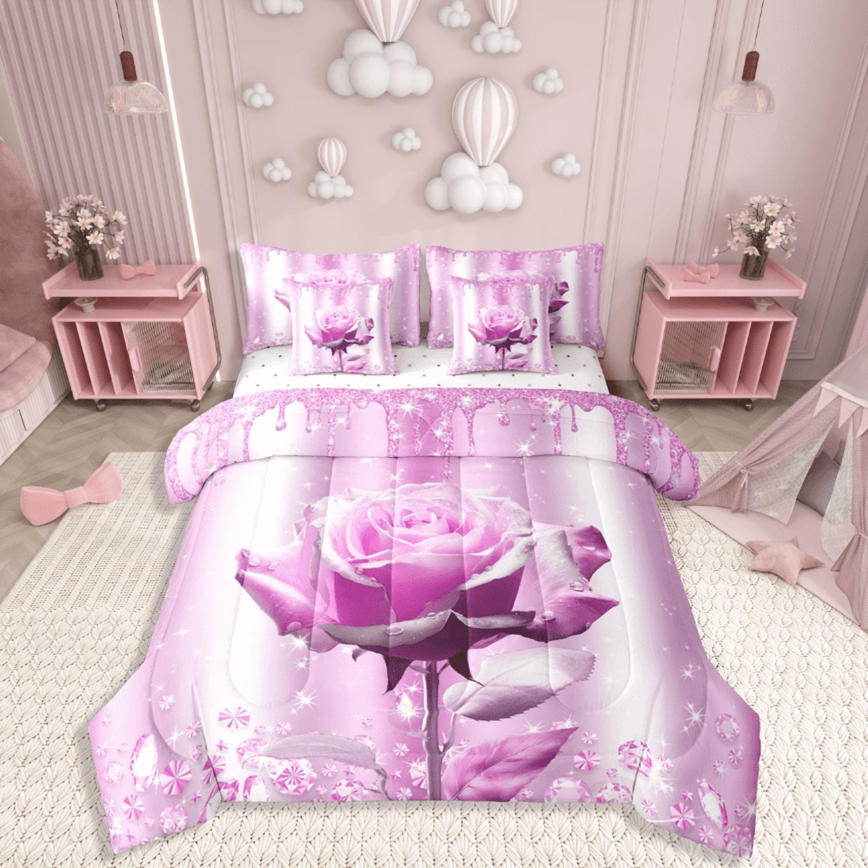 Castle Fairy Pink Rose 7pcs Bedding Comforter Set,Bling Glitter Queen ...