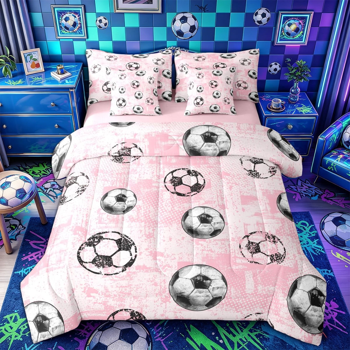 Castle Fairy Pink Soccer Print Full Size Bedding Sets 7 Pieces, Vintage ...