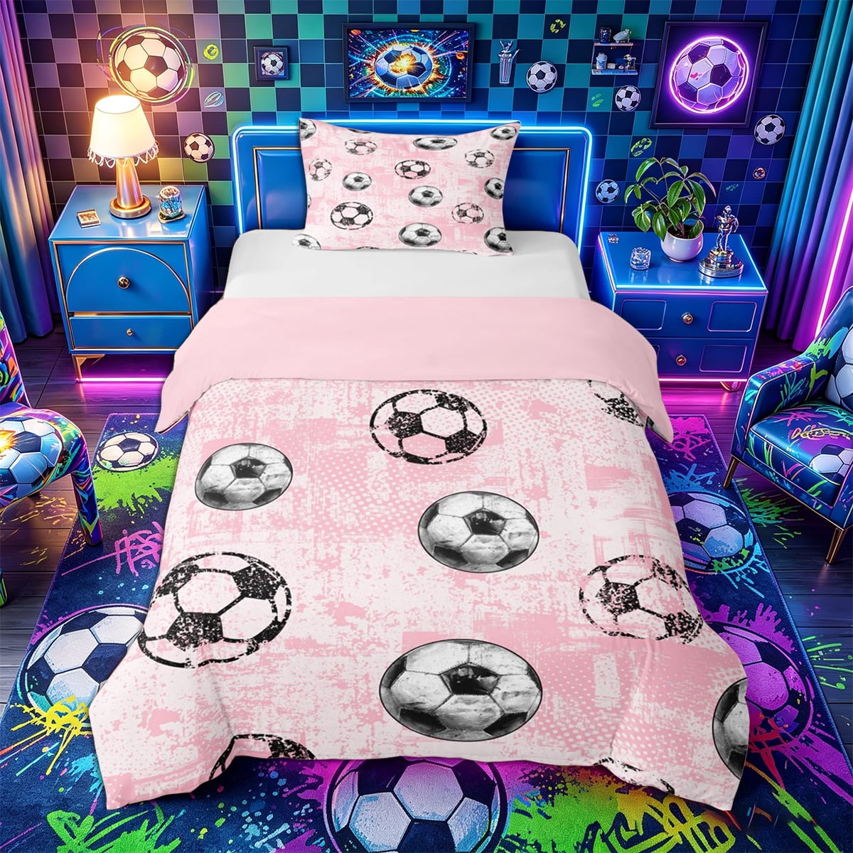 Castle Fairy Pink Soccer Print Twin Duvet Cover, Vintage Sport Ball ...
