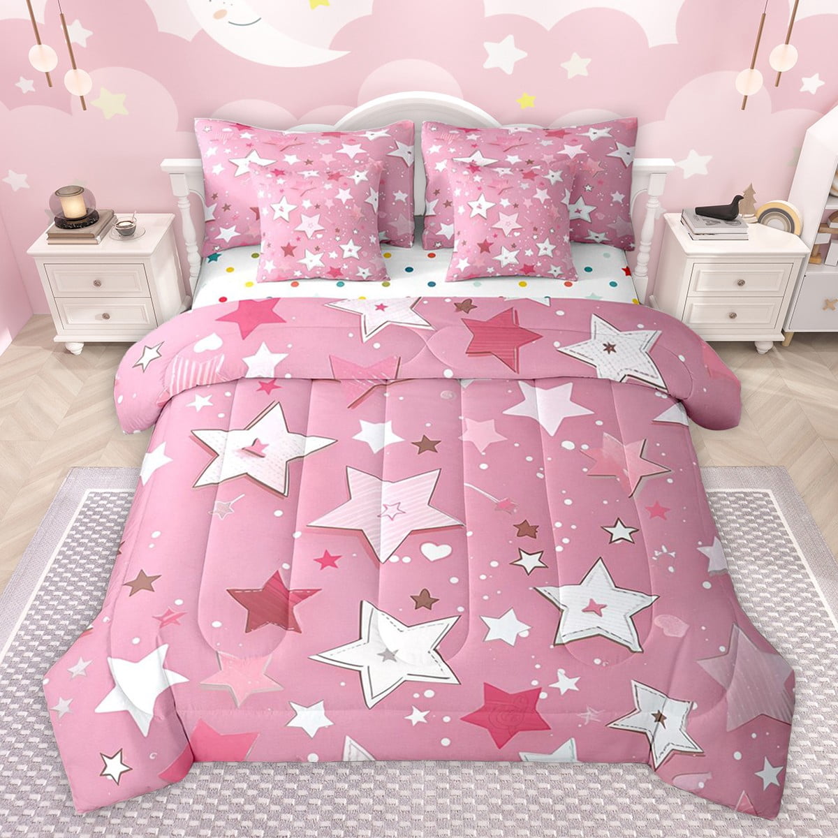 Castle Fairy Pink Stars Print Bedding Comforter Set 7-Piece for Child ...