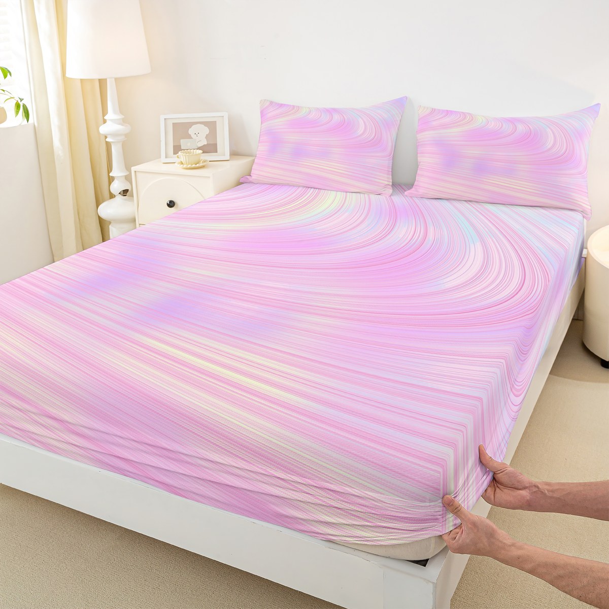 Castle Fairy Pink Stripes 4-Piece Full Size Sheets,Geometric Lines Bed ...