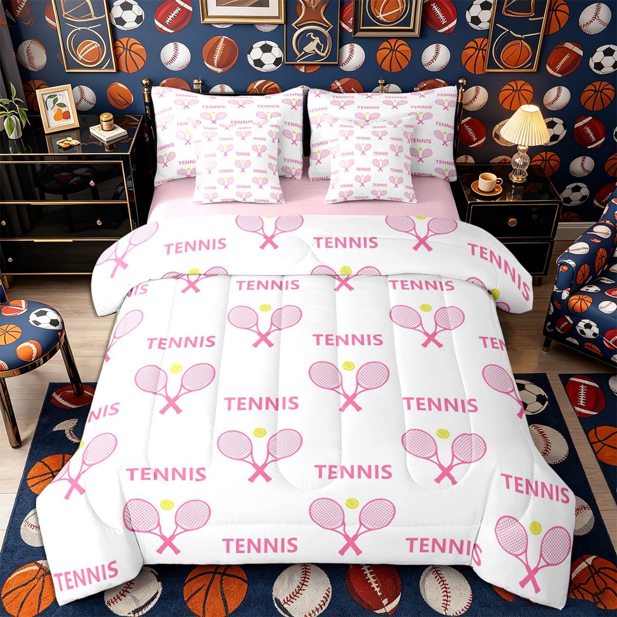 Castle Fairy Pink Tennis King Bedding 7pcs, Sport Theme King Bed in a ...
