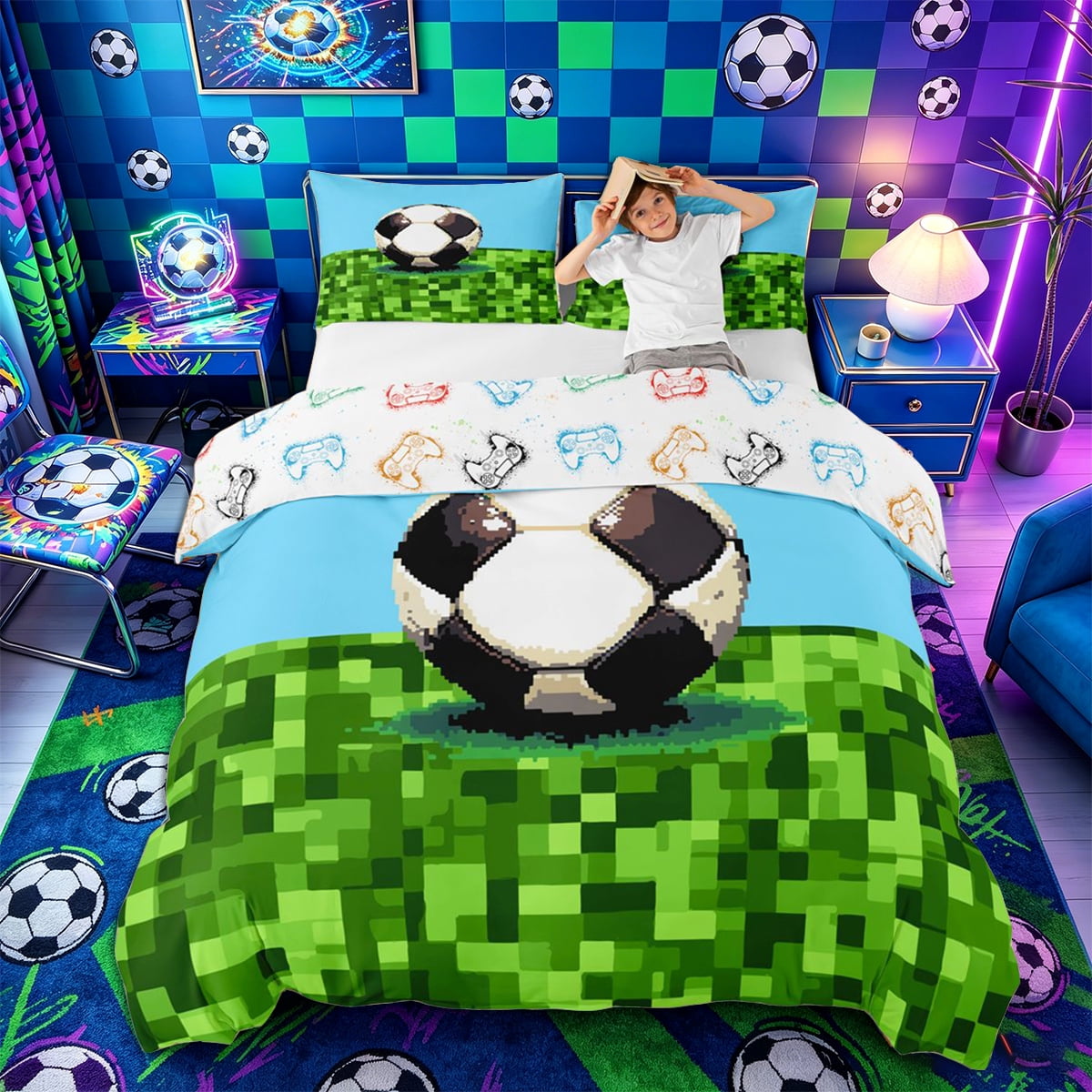 Castle Fairy Pixel Soccer Duvet Cover Queen, Retro Game Queen Bedding ...