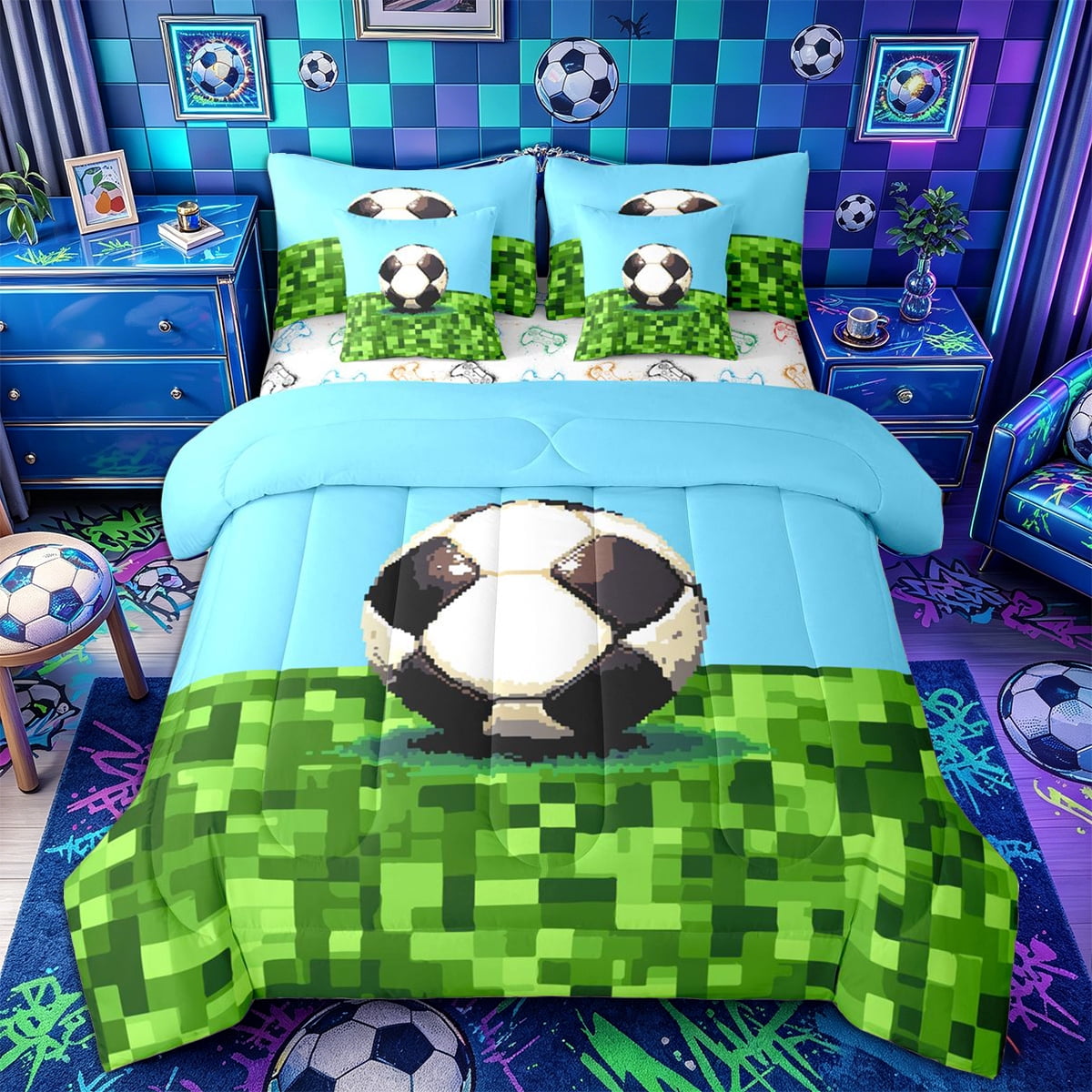 Castle Fairy Pixel Soccer King Bedding 7pcs, Retro Game King Bed in a ...