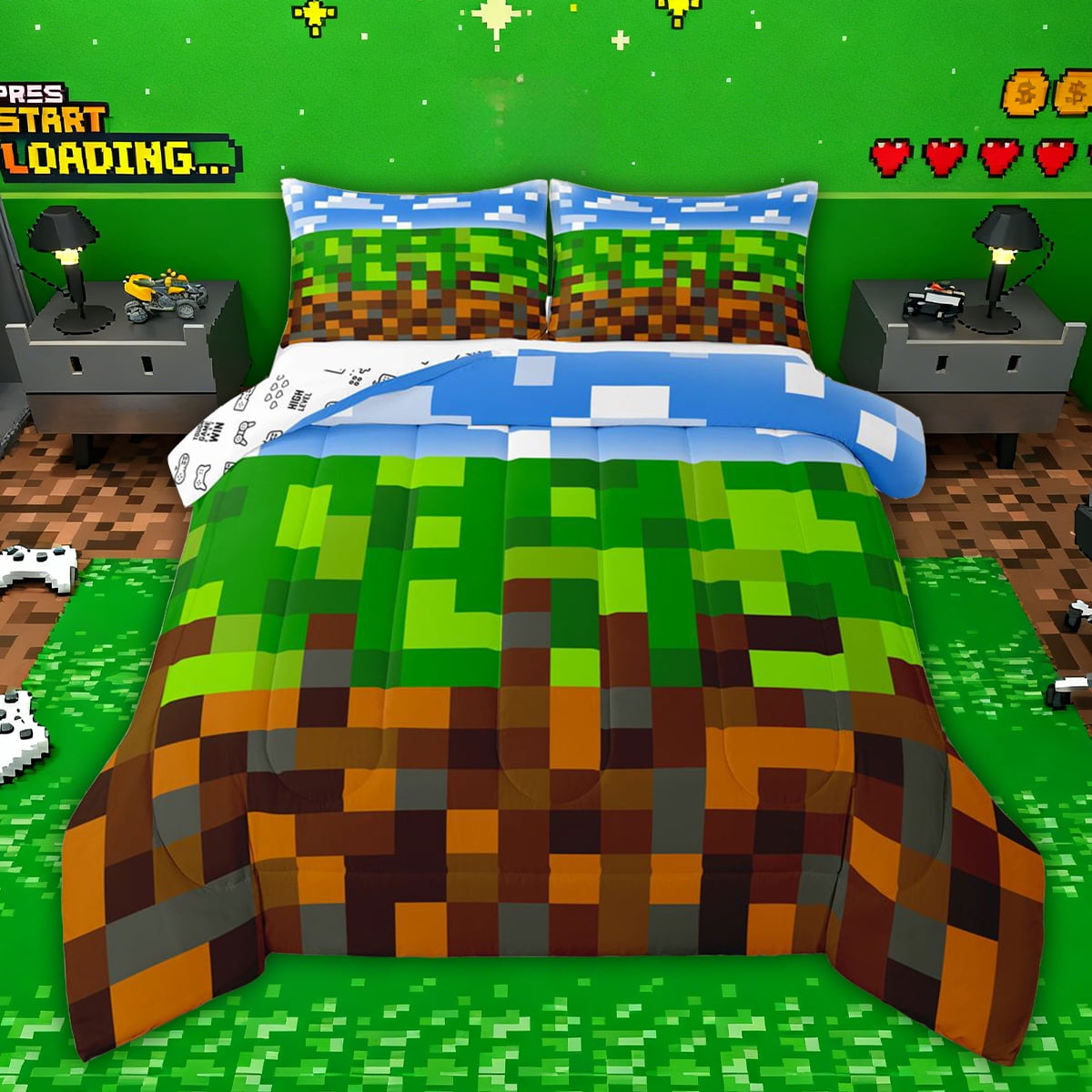 Castle Fairy Pixelated Blocks Miners Queen Comforter Set,Plaid Bedding ...