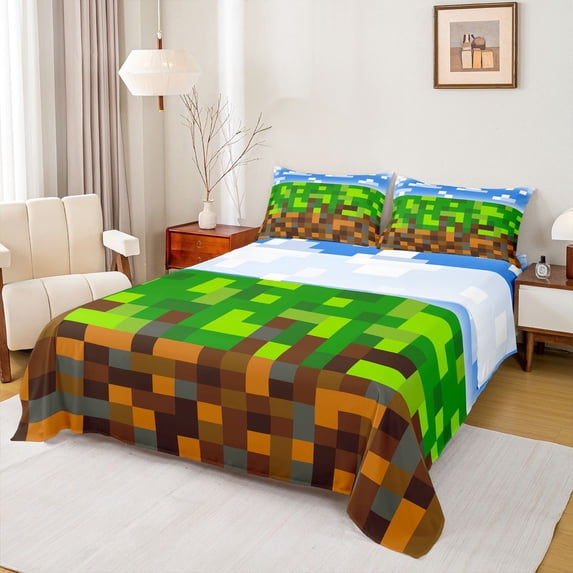 Castle Fairy Pixelated Blocks Miners Queen Sheet Sets,Geometric Plaid ...