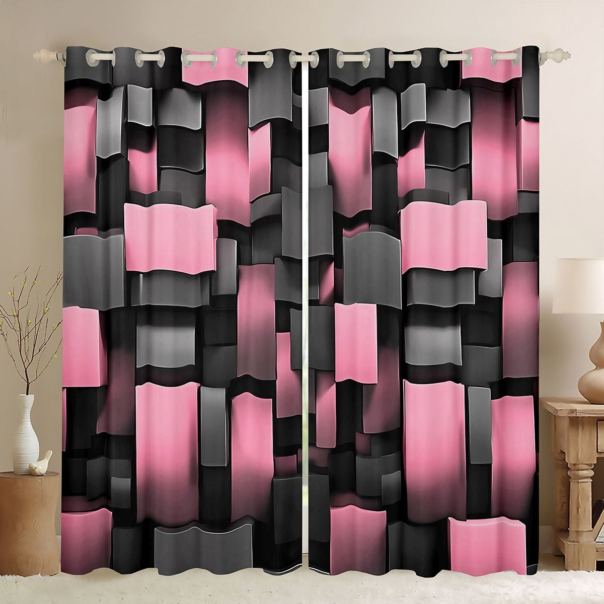 Castle Fairy Plaid Black Out Curtains,Black Pink Grid Curtains Pack of ...