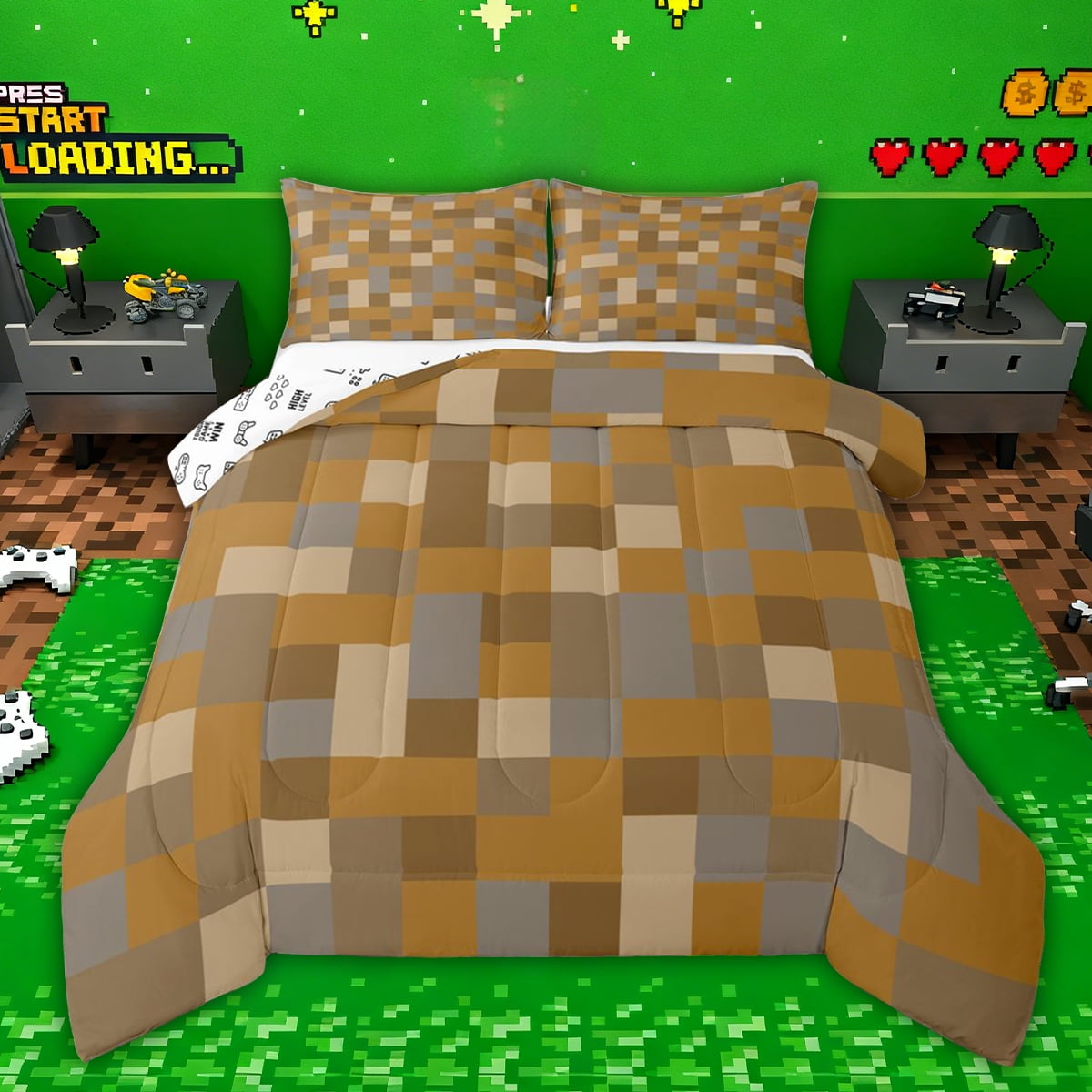 Castle Fairy Plaid Grid Full Size Comforter Sets,Pixelated Miners Game ...
