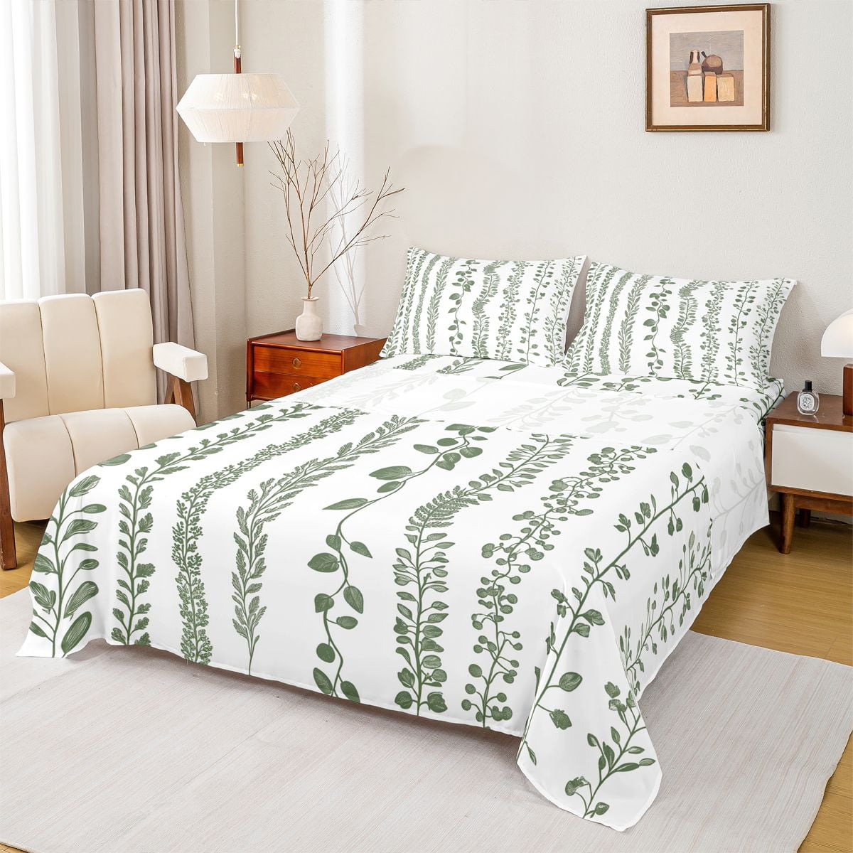 Castle Fairy Plants Leaves Queen Sheet Sets for Female Men,Green White ...