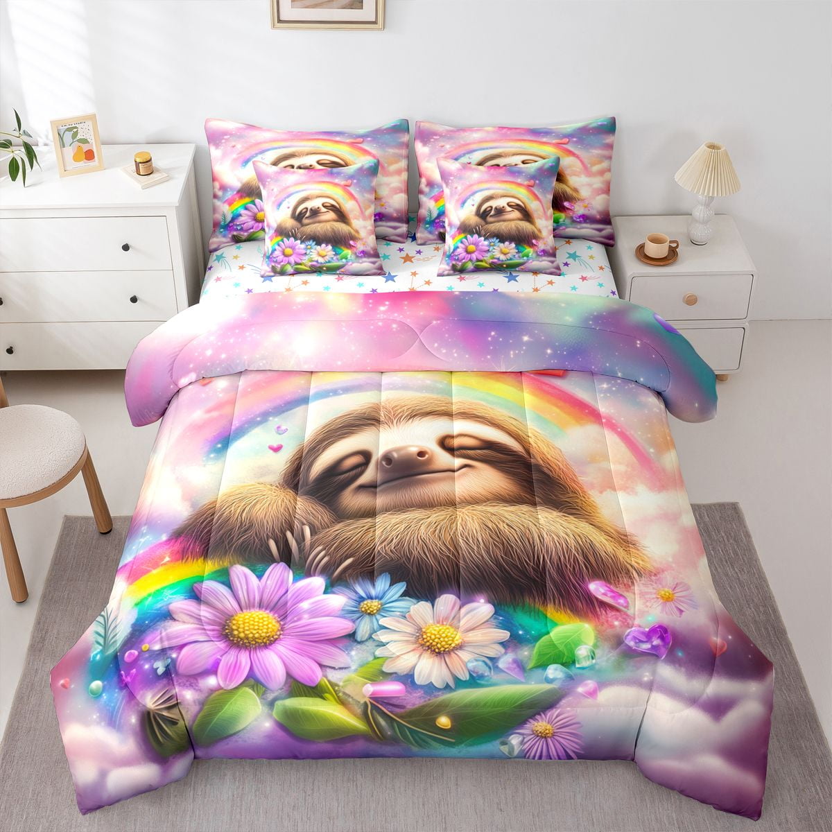 Castle Fairy Preppy Cartoon Sloth Bedding Comforter Set,Rainbow Animal ...