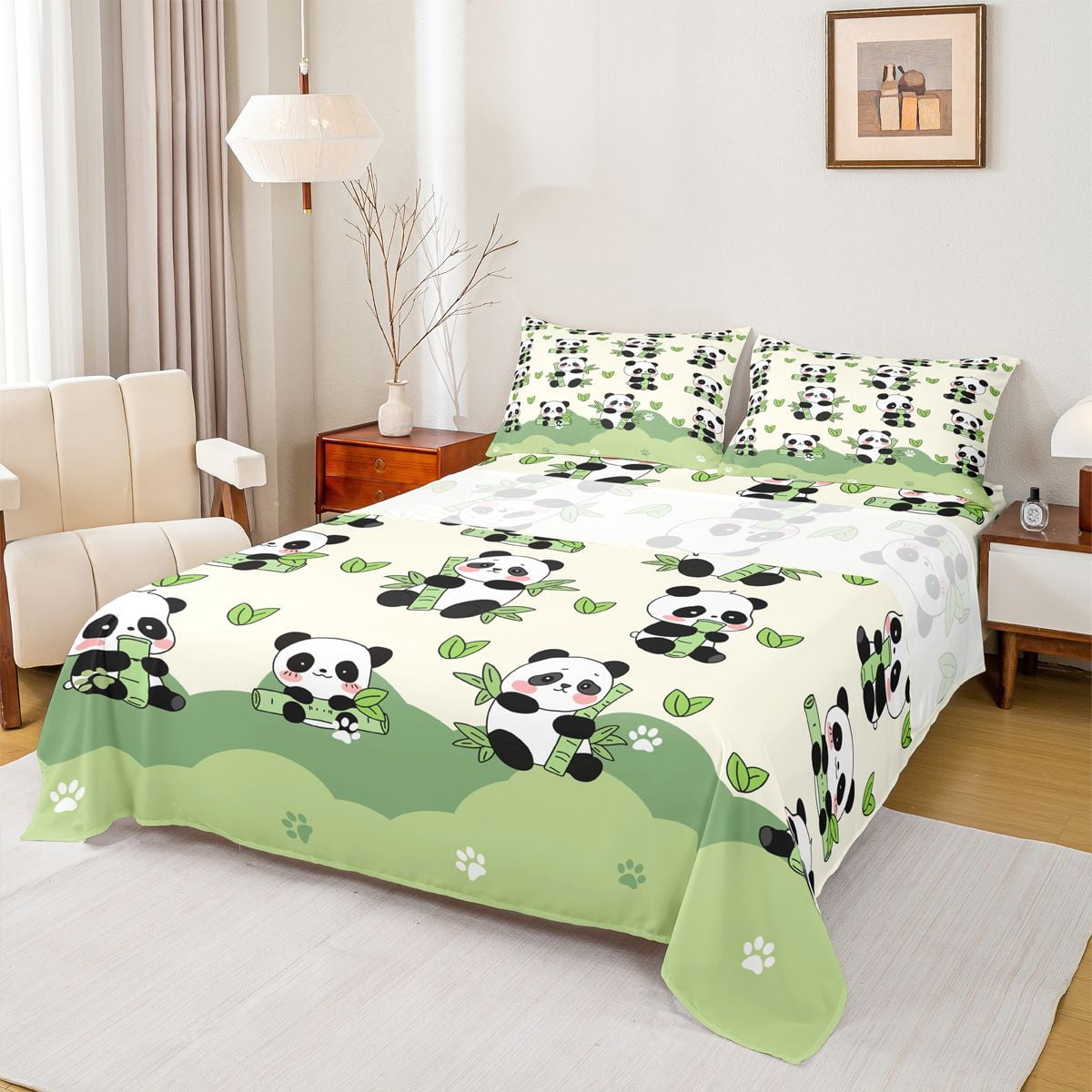 Castle Fairy Preppy Children Cartoon Panda Bed Sheets,Green Tree Leaves ...