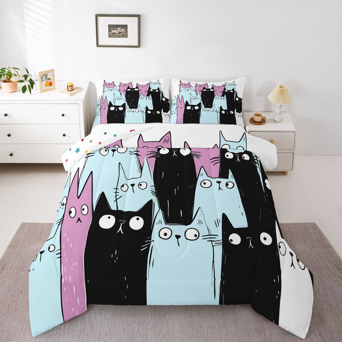 Castle Fairy Preppy Cute Animal Cats Queen Comforter Set,Cartoon Pet ...