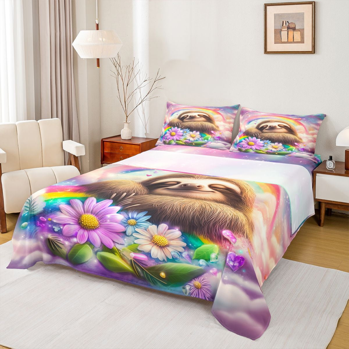 Castle Fairy Preppy Kids Cartoon Sloth Queen Sheet Sets,Rainbow Animal ...