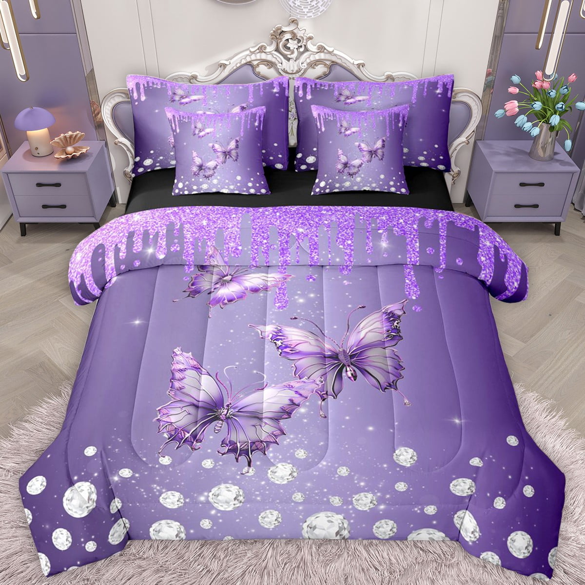 Castle Fairy Purple Floral Butterflies Twin Bedding Sets 7-Piece for ...