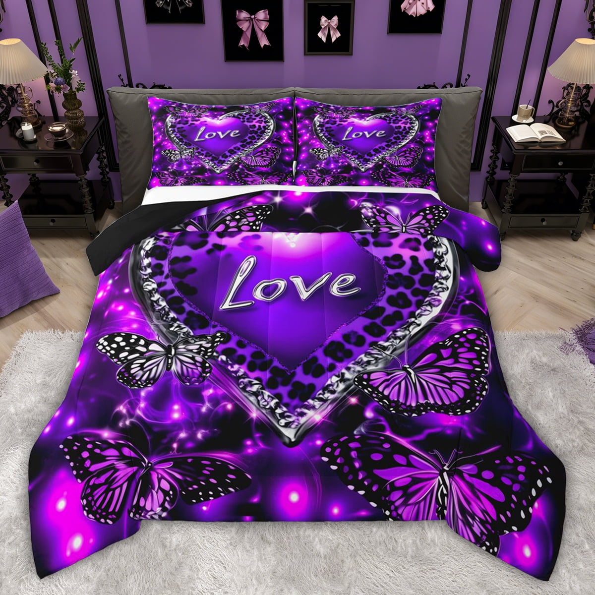 Castle Fairy Purple Love Heart Twin Comforter Sets,Flying Butterflies ...
