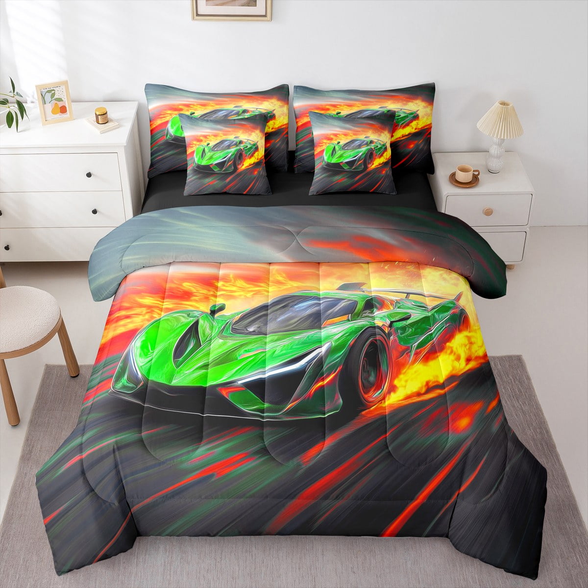 Castle Fairy Racing Car Bedding Comforter Set,Orange Green King Bedding ...