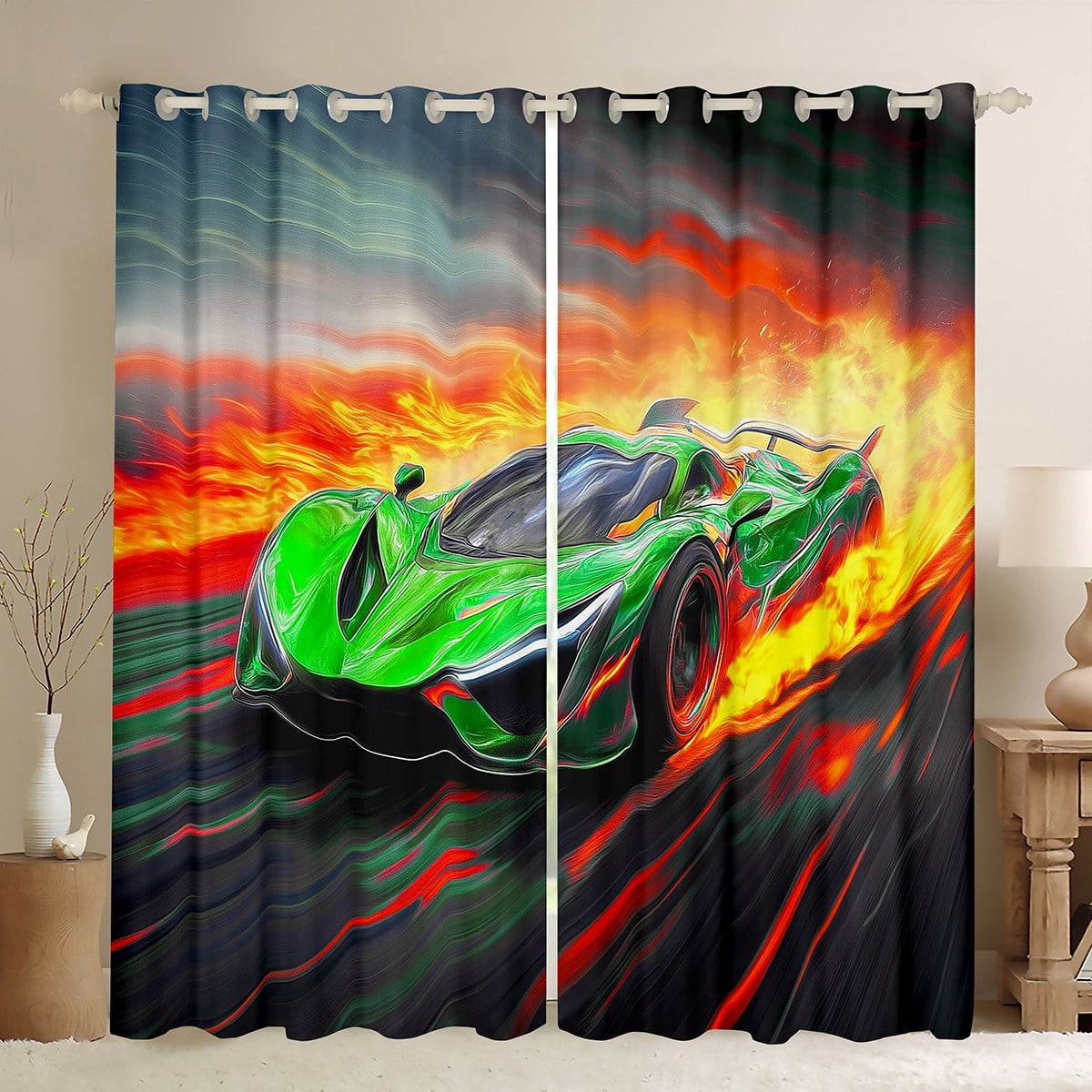 Castle Fairy Racing Car Curtains Pack of 2 (42x84 Each),Orange Green ...