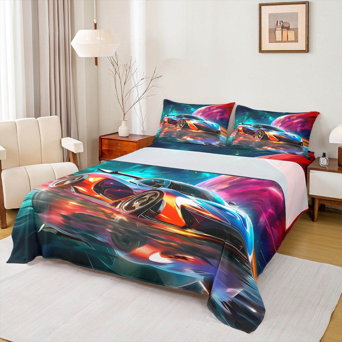 Castle Fairy Racing Car Full Size Sheets for Female Men,Speed Race Car ...