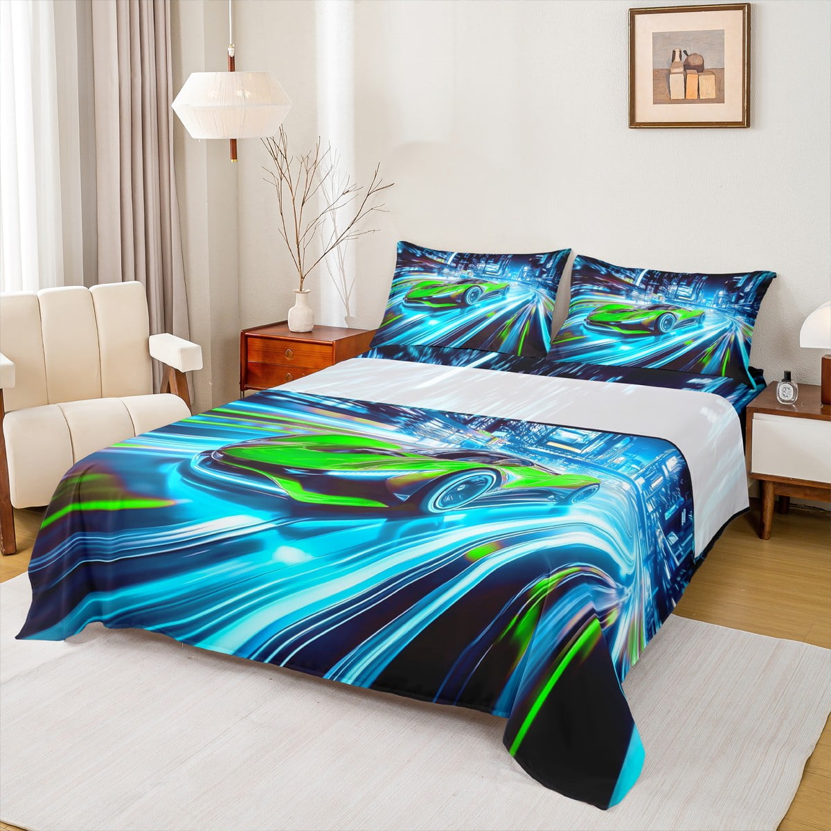 Castle Fairy Racing Car Twin Sheet Sets for Kids Teenagers,Blue Green ...