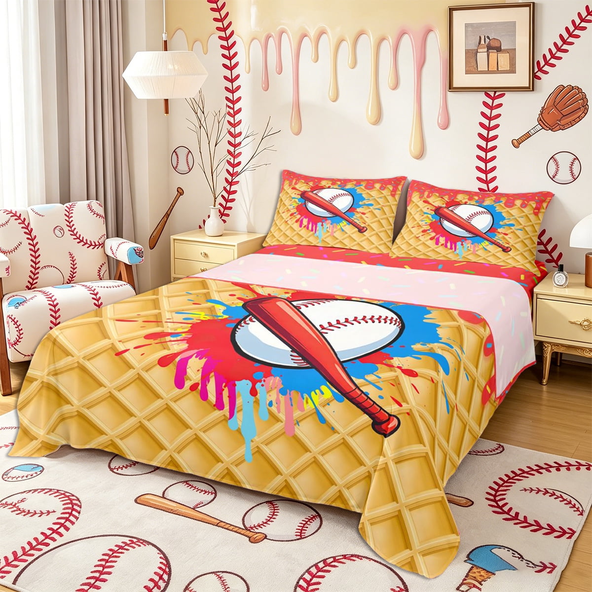Castle Fairy Red Baseball Bat Print King Sheets 4pcs, Ice Cream Drip ...