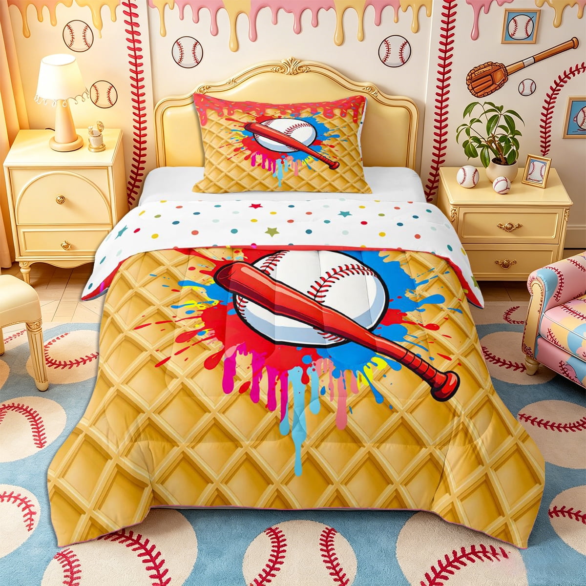 Castle Fairy Red Baseball Bat Print Twin Comforter Sets 2pcs, Ice Cream ...