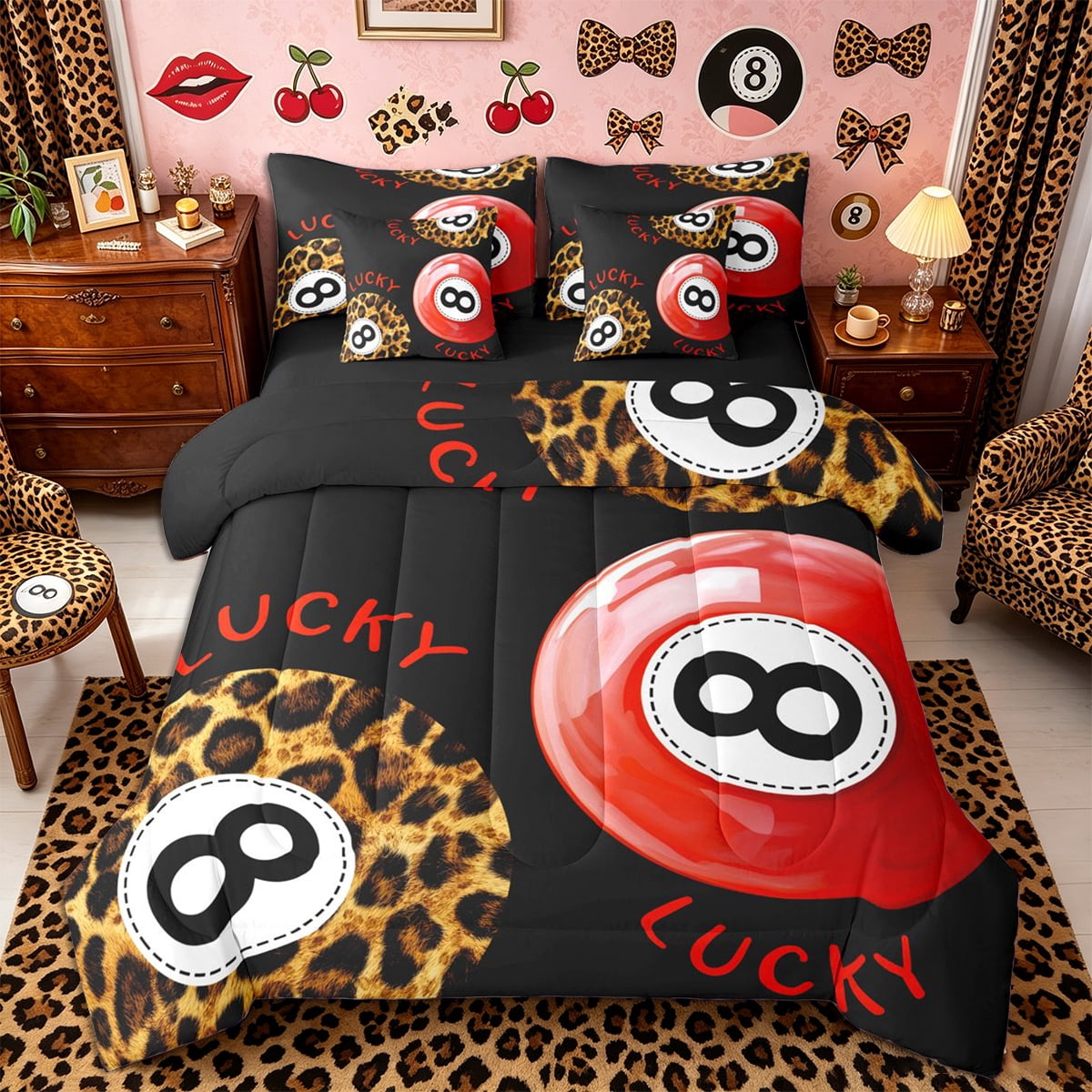 Castle Fairy Red Billiards Twin Bedding 7-Piece, Vintage Cheetah Print ...