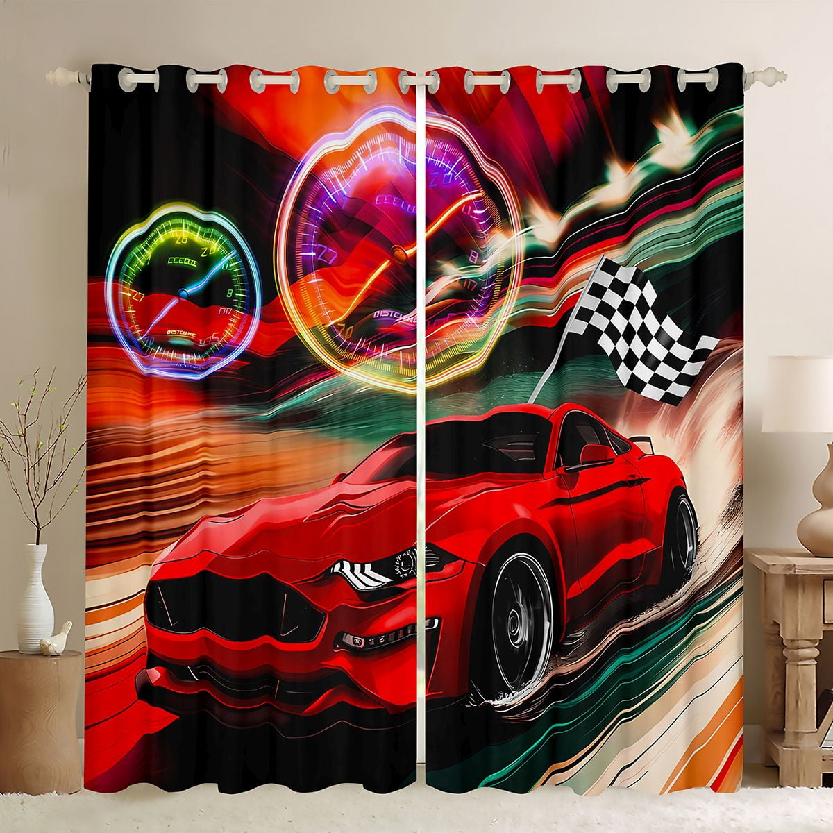 Castle Fairy Red Car Curtains Pack of 2 (42x84 Each),Checkered Flag ...