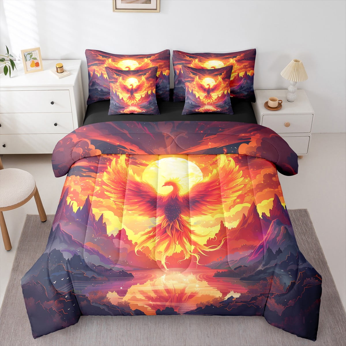 Castle Fairy Red Fire Phoenix Bedding Comforter Set,Animal King Bedding ...