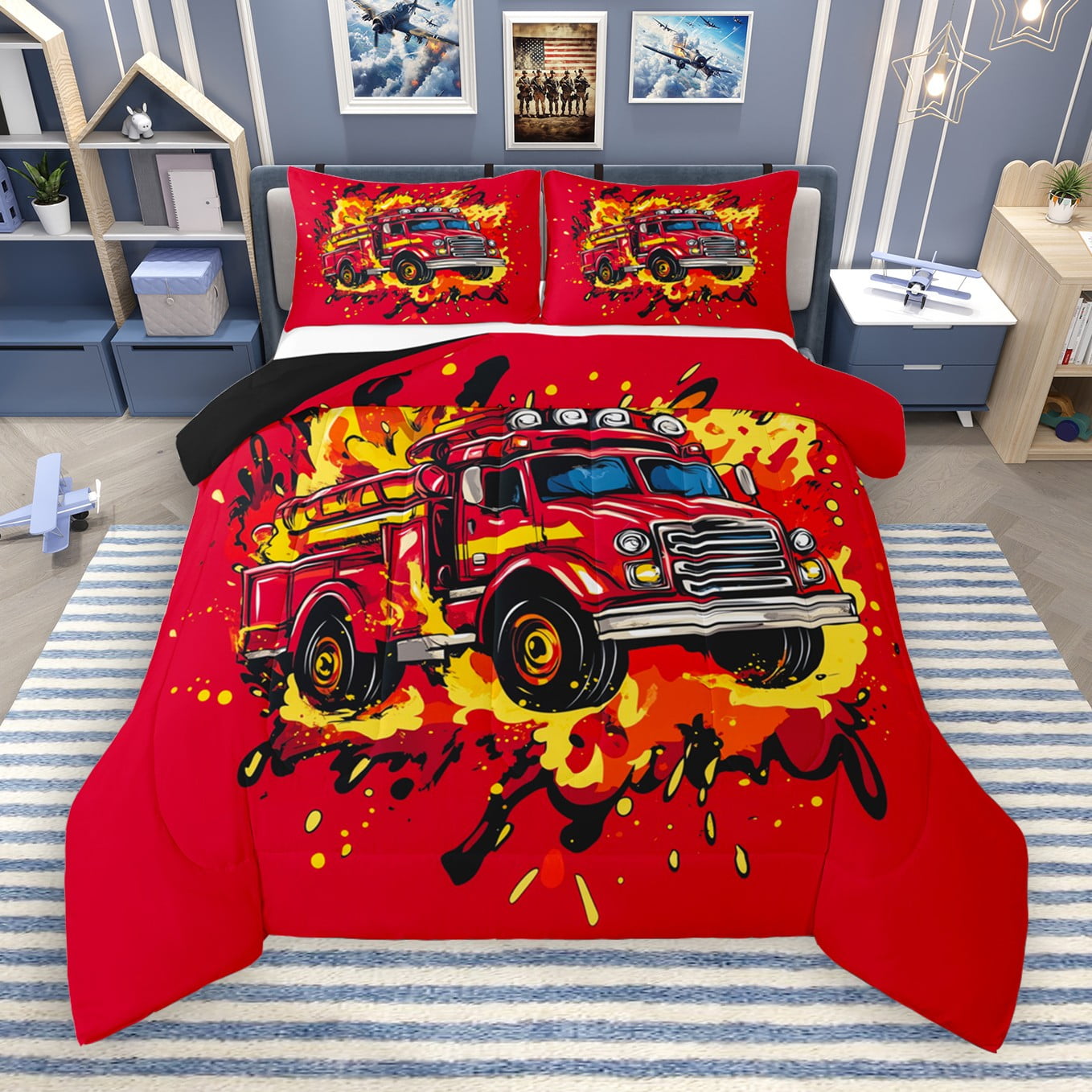 Castle Fairy Red Fire Truck 3 Pieces Queen Comforter Set for Teens Boys ...