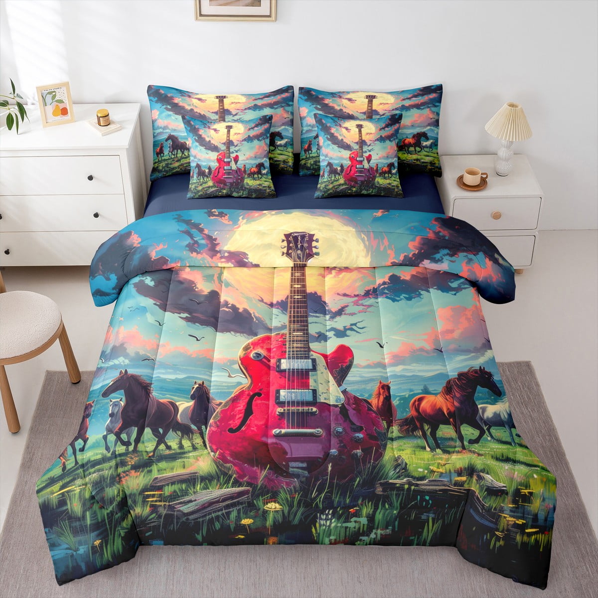 Castle Fairy Red Guitar Bedding Comforter Set,Farmhouse Horse Queen ...