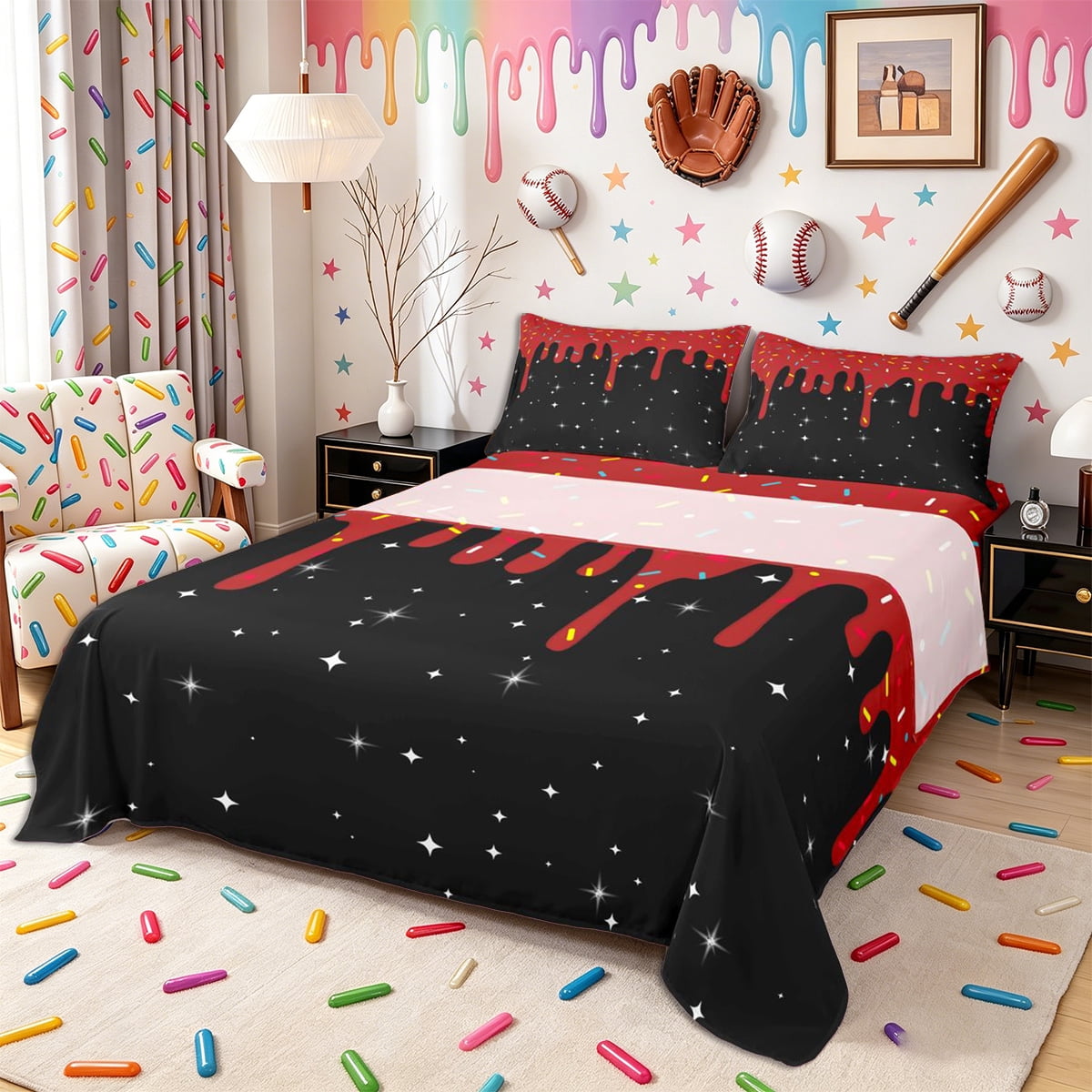 Castle Fairy Red Ice Cream Drip Bed Sheets 4-Piece, Starry Sky Full ...