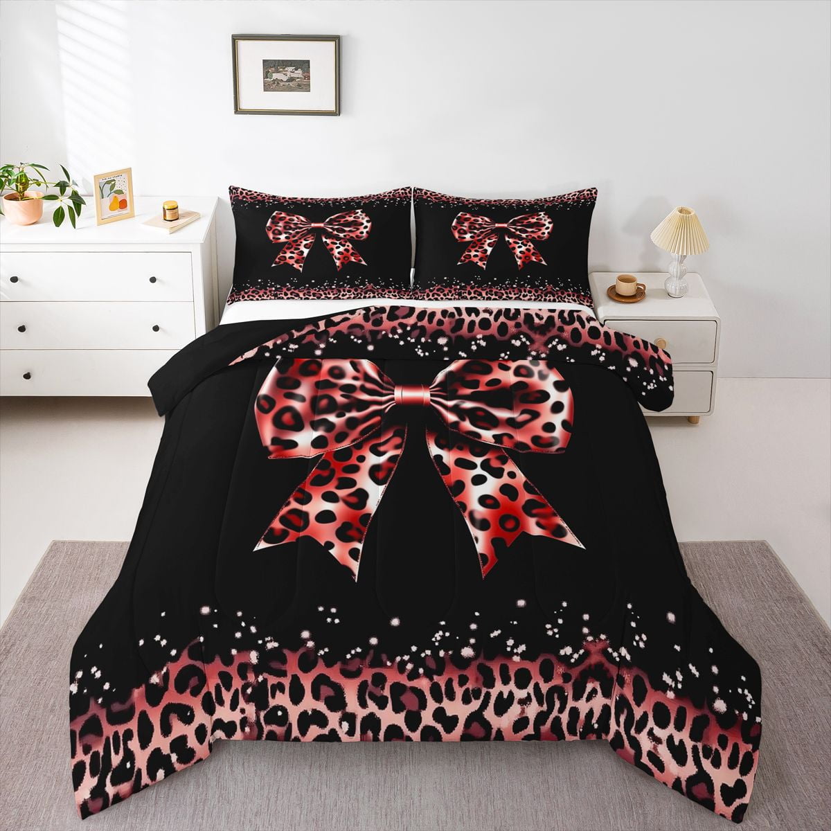Castle Fairy Red Ribbon Bow Queen Comforter Set,Leopard Print Bedding ...