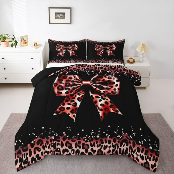 Castle Fairy Red Ribbon Bow Queen Comforter Set,Leopard Print Bedding ...