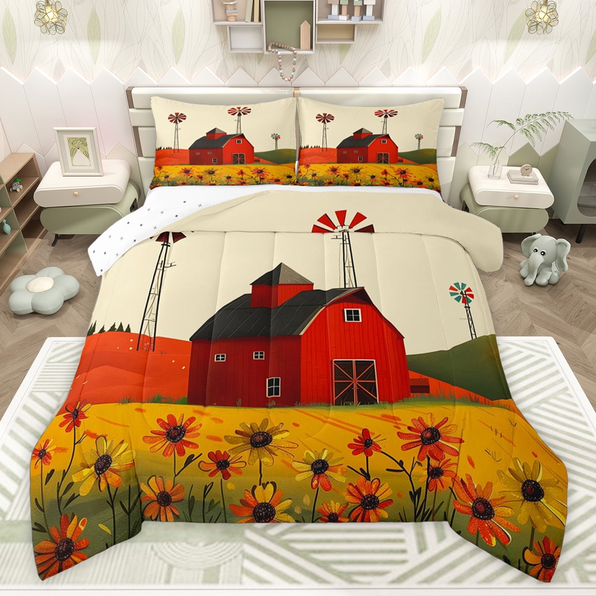 Castle Fairy Red Rustic Cabin Queen Comforter Set,Chic Flowers Bedding ...