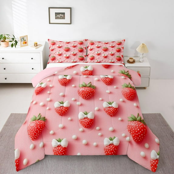 Castle Fairy Red Strawberry Queen Comforter Set,Kawaii White Bowtie ...